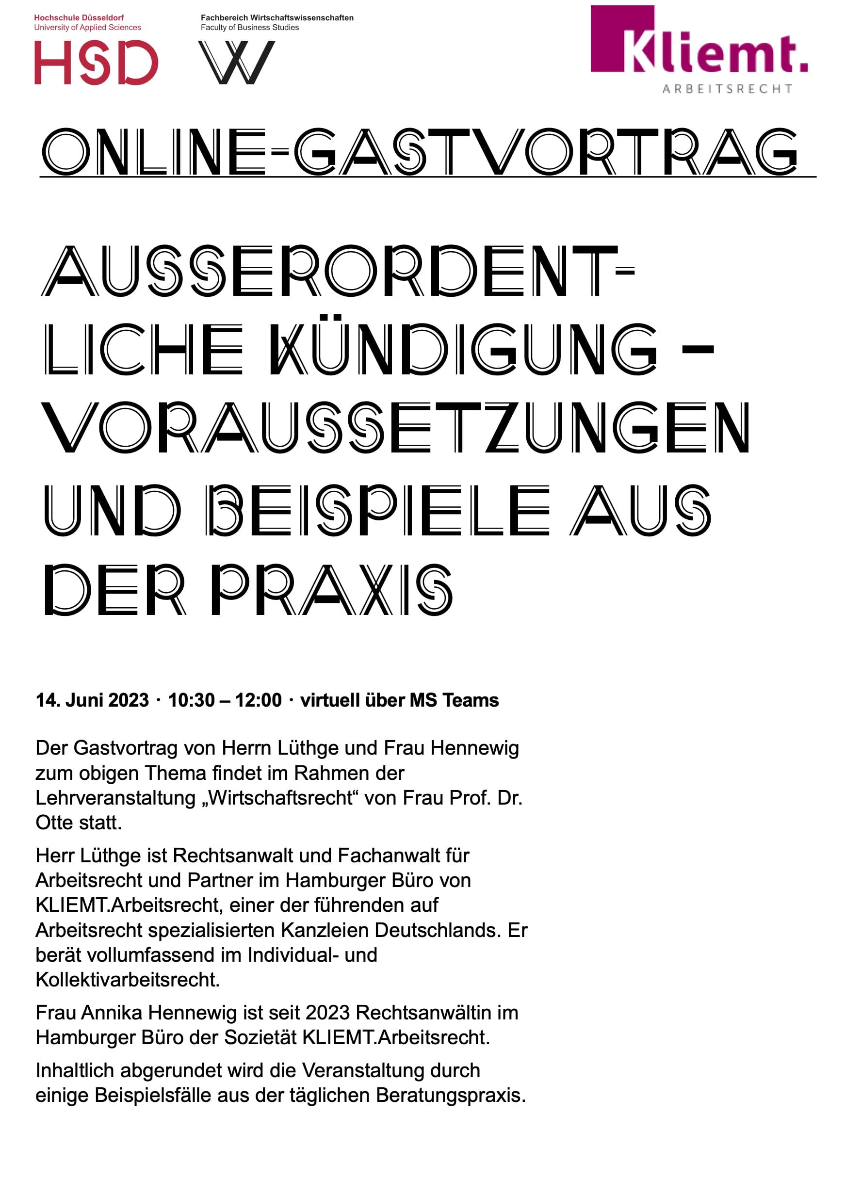 14.06.: Gastvortrag von RA Henrik Lüthge und RAin Annika Hennewig, beide KLIEMT.Arbeitsrecht